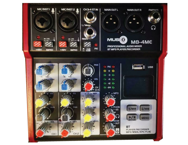 Music8 M8-4ME 4-Channel Mixer w/ Mic Effects, Bluetooth and USB - DEMO
